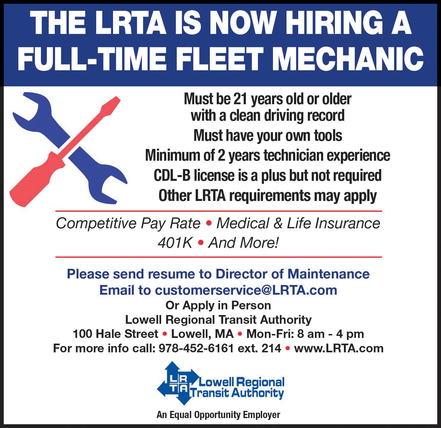 Full-Time Fleet Mechanic -LRTA Fixed Bus Route Service – Lowell ...